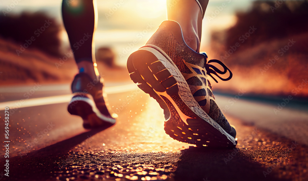 Close up on shoe, Runner athlete feet running on road under sunlight in ...