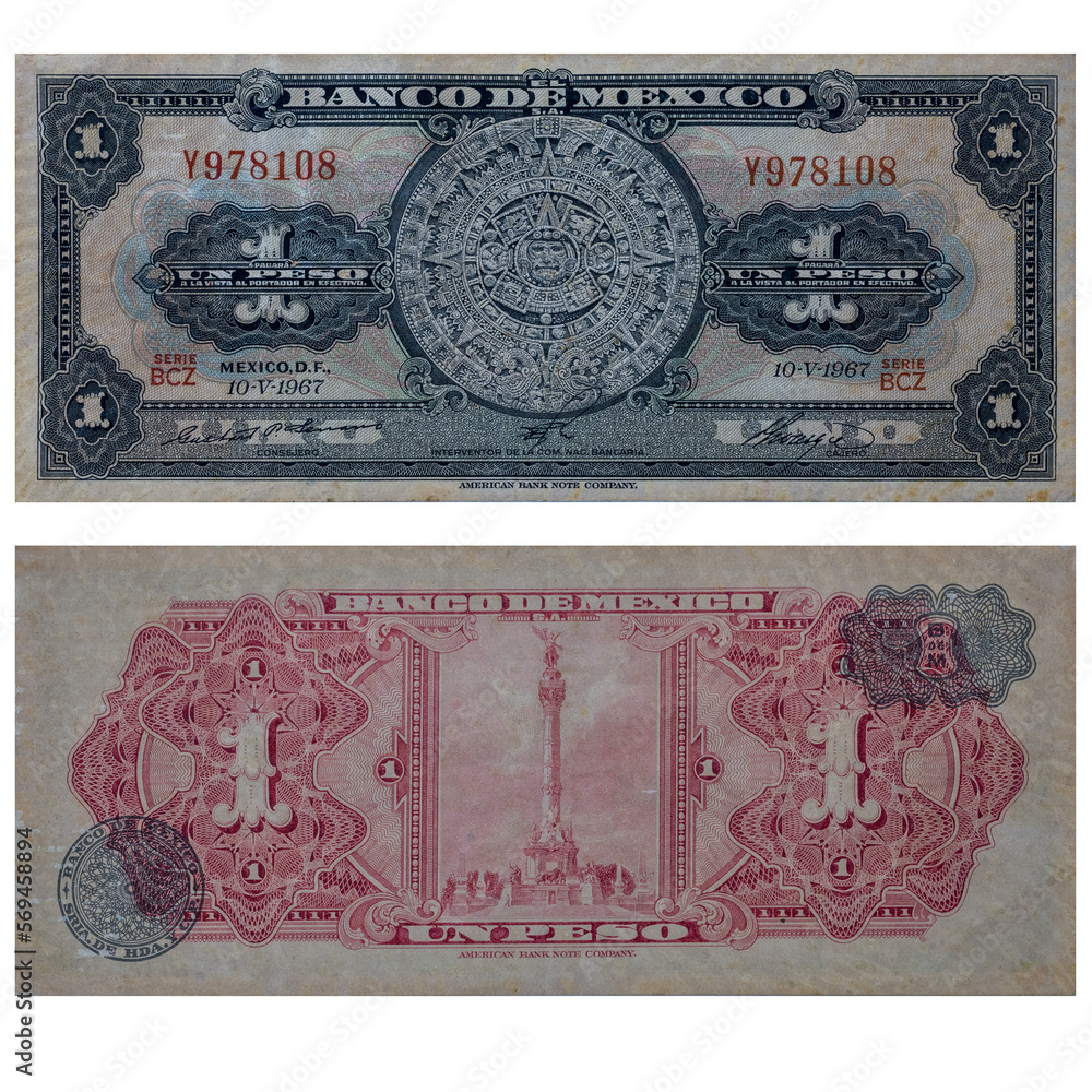 Billete de 1 peso Mexicano de 1967 con el calendario Azteca y al ...