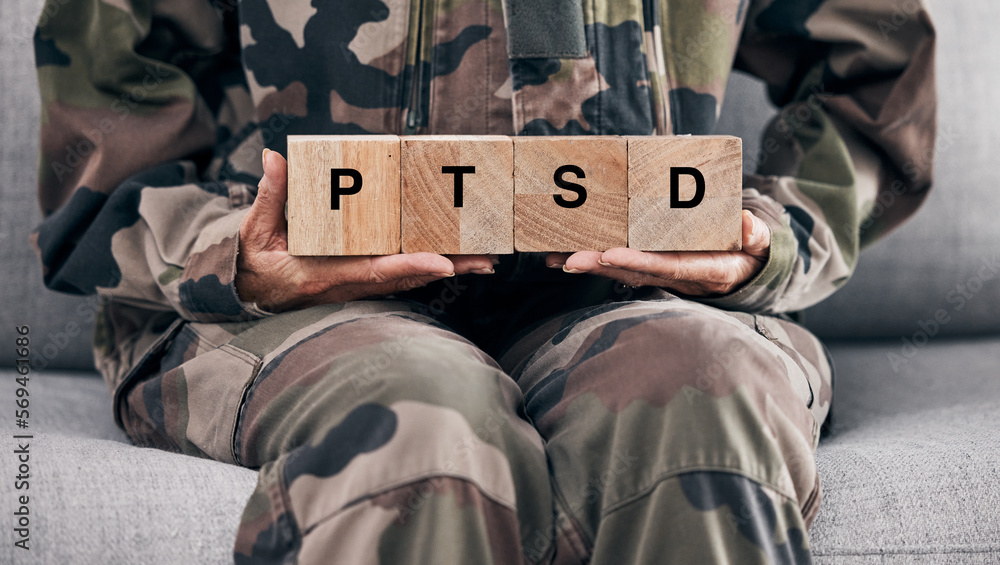 Soldier hands, holding wood block and sofa for therapy, ptsd and help ...