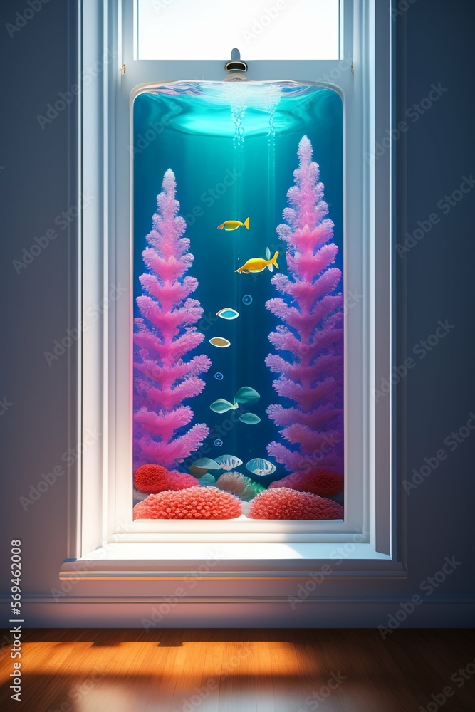 The realistic photo of a window inside a room with a sticker, that ...