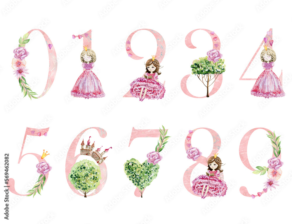 Watercolor numbers with princesses for invitation card, nursery poster ...