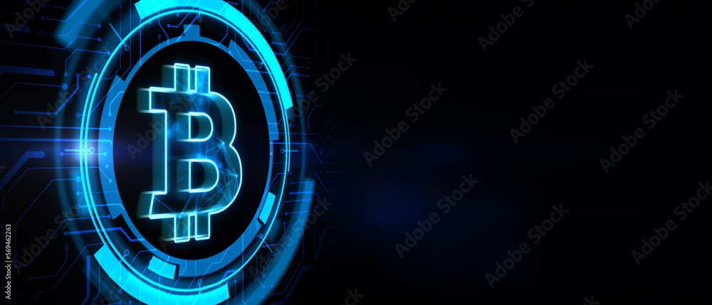 Cryptocurrency, online and digital money concept with digital blue bitcoin symbol in ...