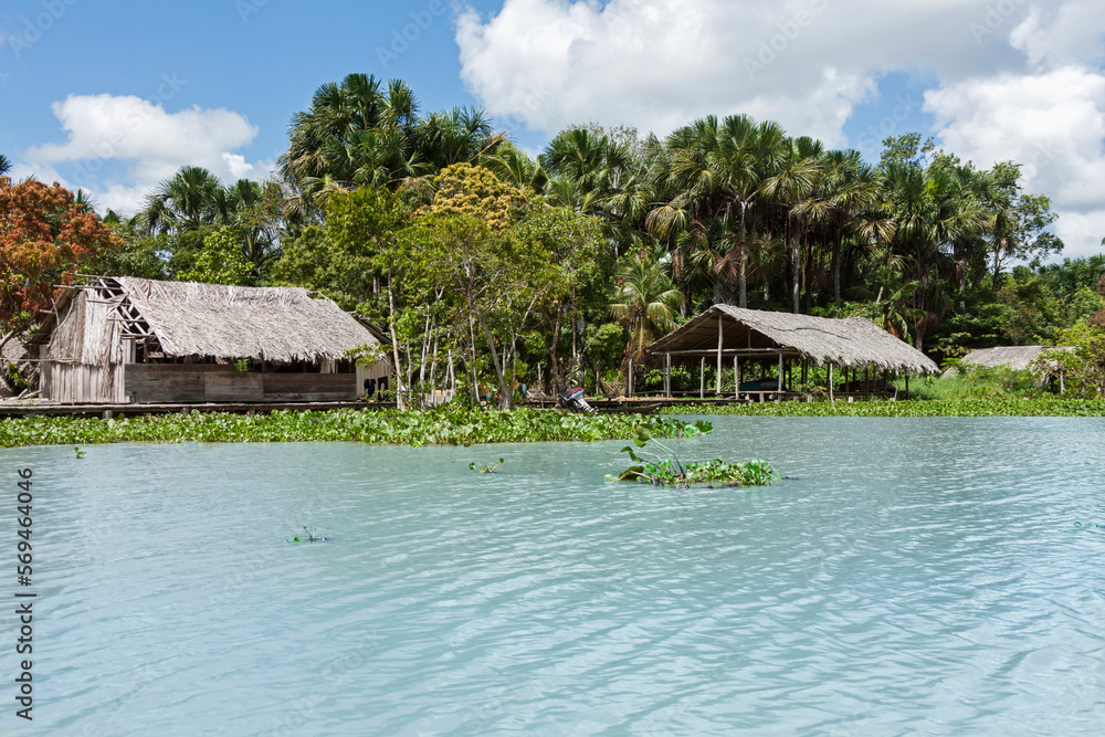 Warao-Indian houses straw huts in an indigenous village, Orinoco Delta ...