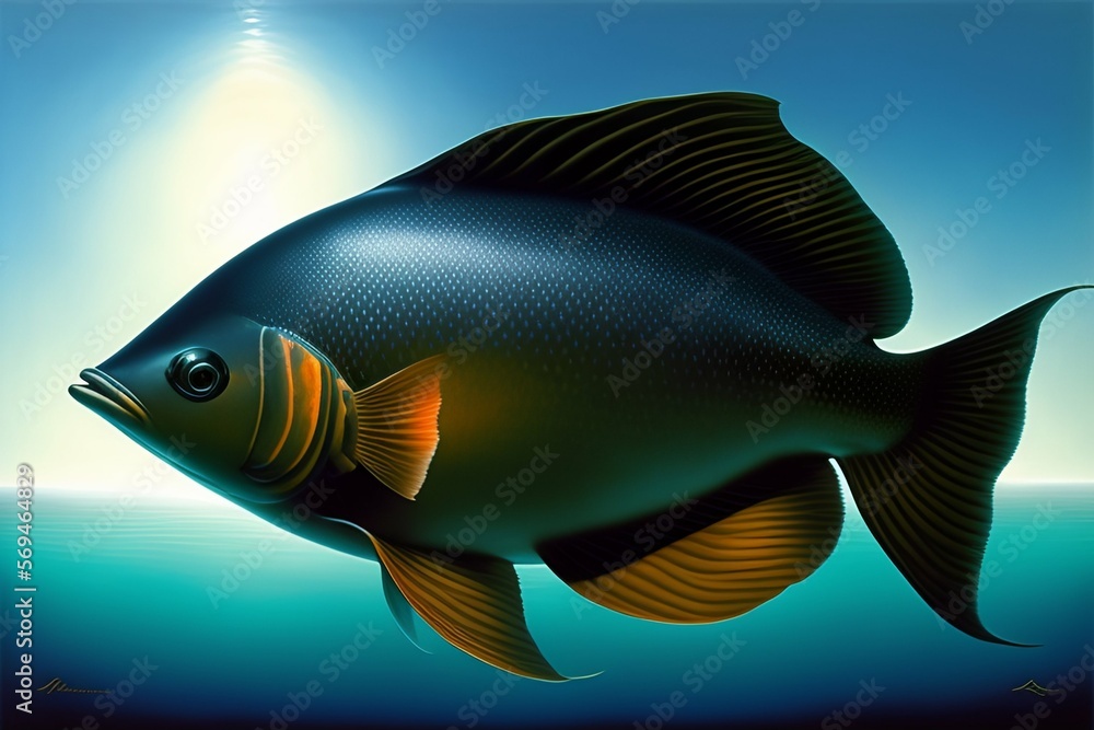 black fish, only one fish, highly detailed, side view, underwater ...