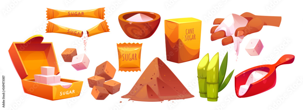 Icons of white and brown sugar in cubes and powder. Sweet food ...
