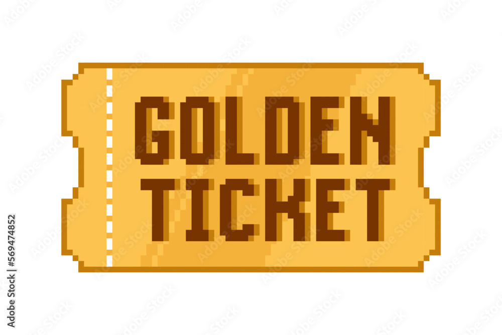 Pixel Golden Ticket. Vector golden ticket in 8-bit retro game style ...
