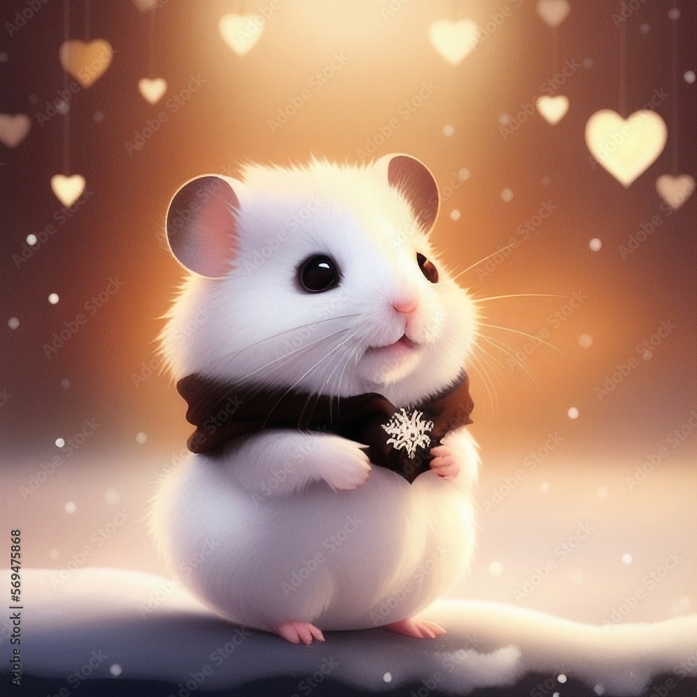 very cute small little white mouse wearing a black bow tie on a snowy ...