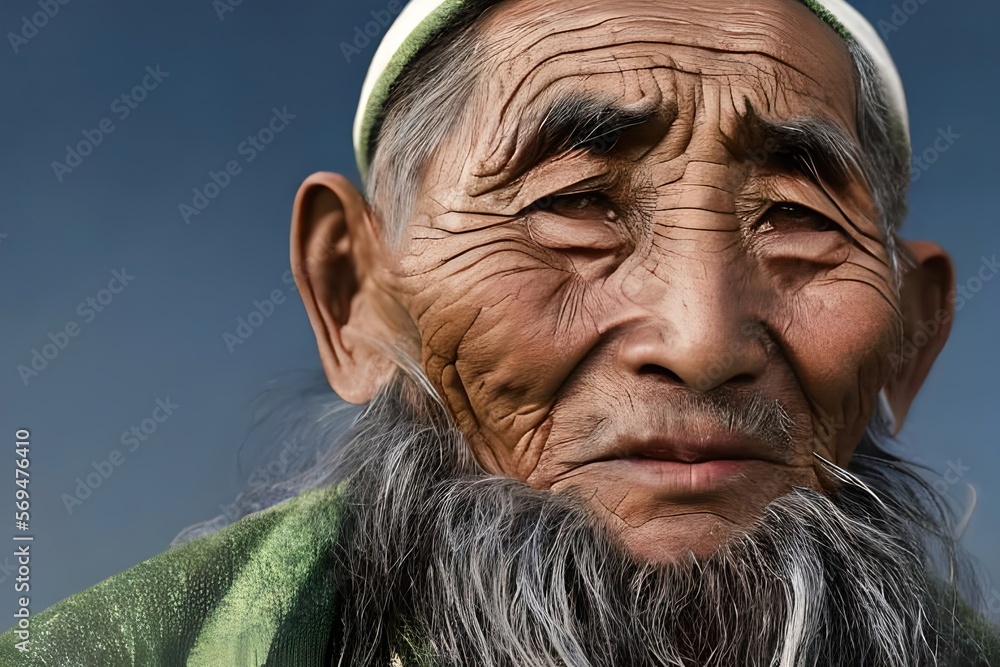 Old Chinese man of the Uyghur ethnic group dressed in traditional cloth ...