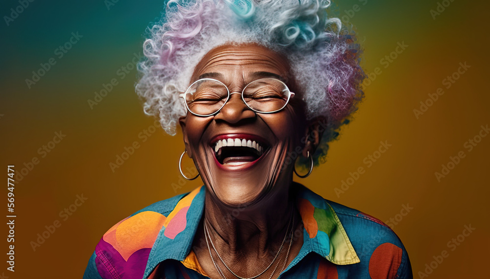 Funny grandmother with colored hair laughing at camera. Happy African ...