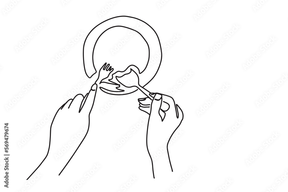Continuous Line Art Or One Line Drawing Of Plate Khife And Fork Linear Style And Hand Drawn