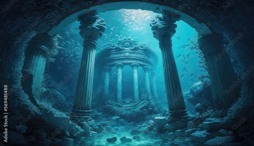 The remnants of Atlantis. Underwater structures. Lost civilization of Atlantis. generative ai ...