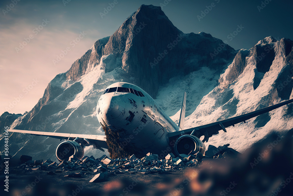 Aircraft crash in mountains. Airliner catastrophe. Plane accident with ...
