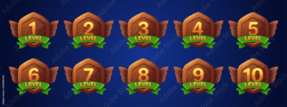 Game wooden badges with level number. Achievement rank emblems, wood ...