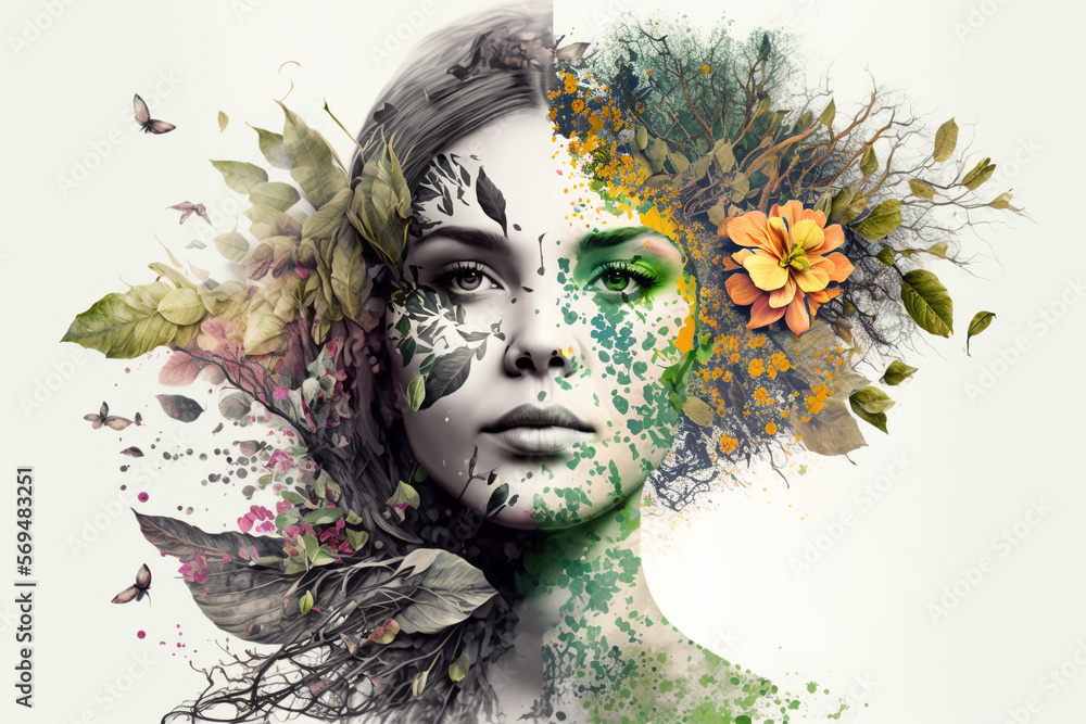 Beautiful girl symbolising Mother nature concept seamlessly merged with ...