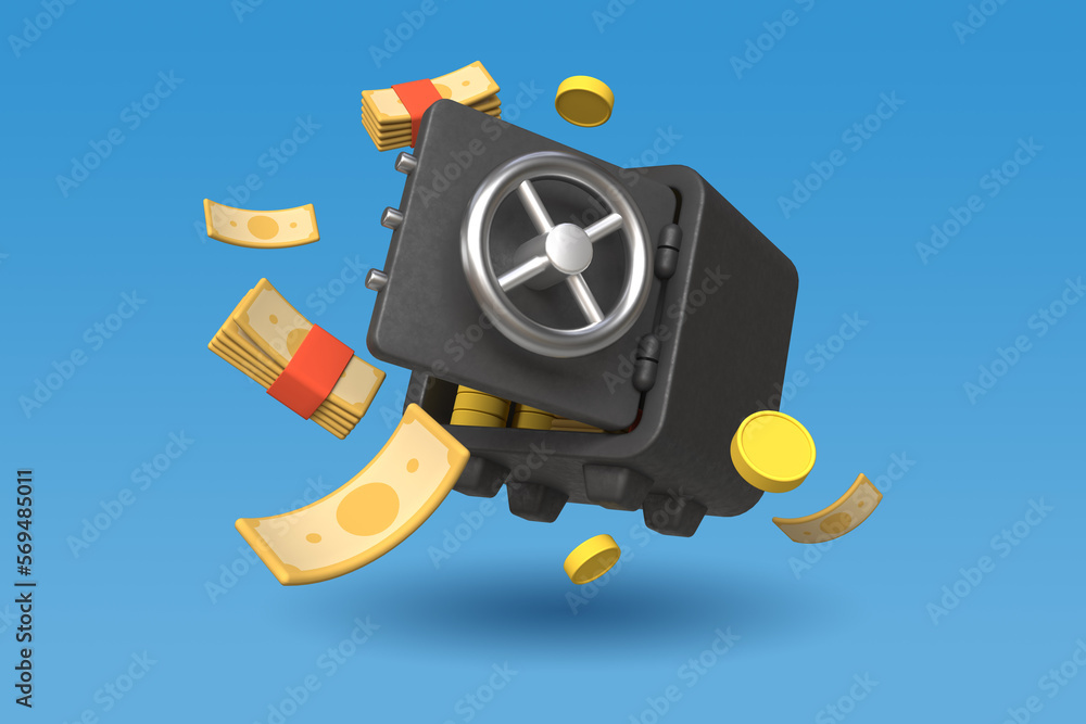 An icon of an open bank safe with levitating coins and banknotes in ...