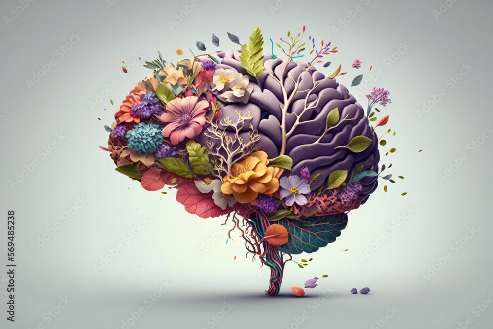 Human brain with spring flowers, symbolising mental health and self ...