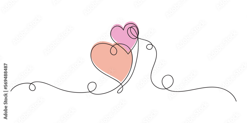 Two hearts continuous one line art drawing, valentines day concept ...