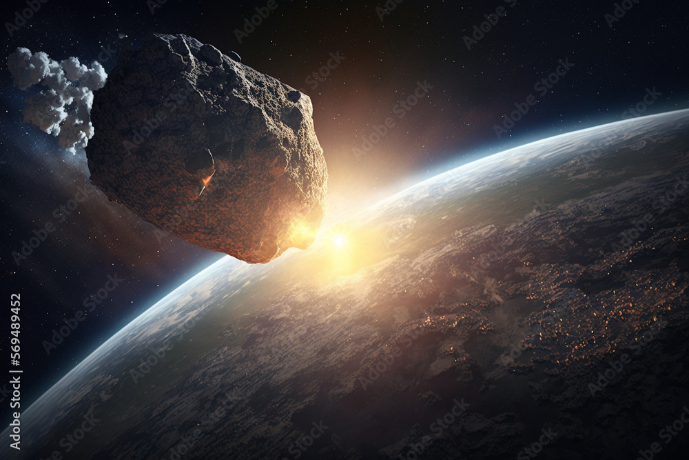 Giant Asteroid Danger Illustration. Asteroid in the space approaching Earth. Ai generated. Stock ...