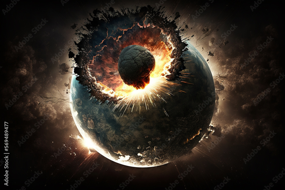 The Cosmic Cataclysm. Giant asteroid colliding with a planet or Earth ...