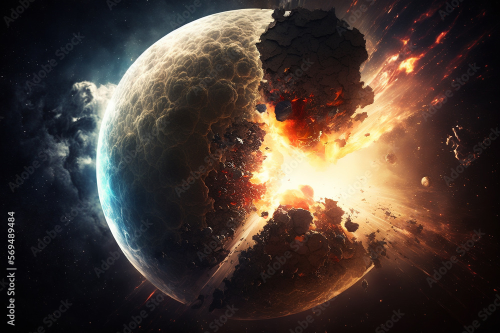 The Cosmic Cataclysm. Giant asteroid colliding with a planet or Earth ...