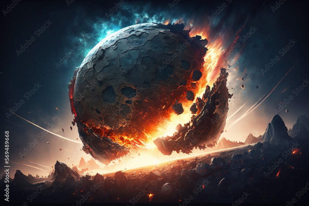 The Cosmic Cataclysm. Giant asteroid colliding with a planet or Earth ...