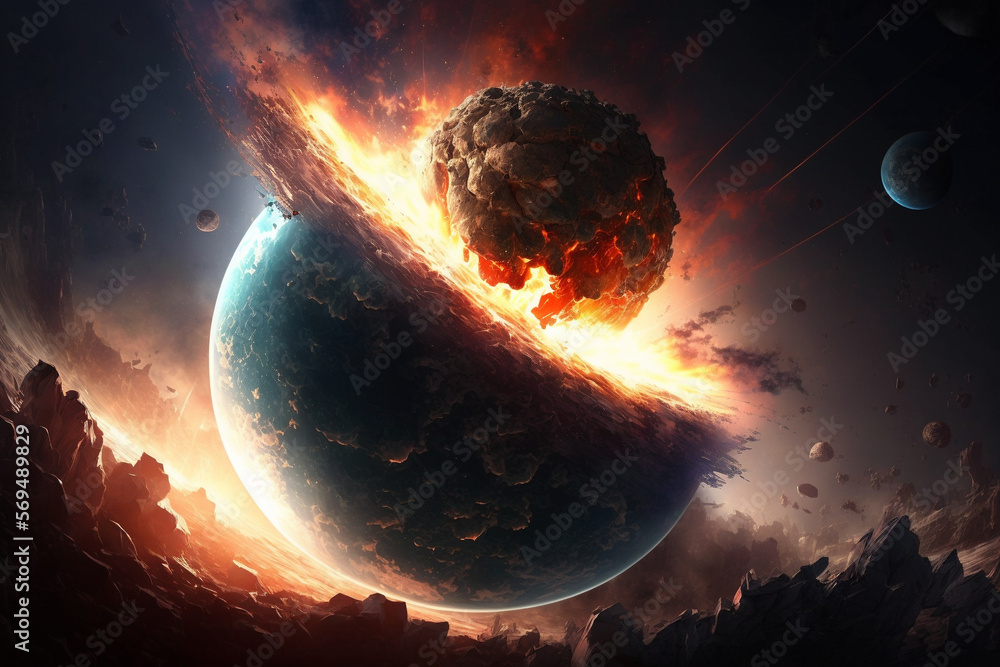 The Cosmic Cataclysm. Giant asteroid colliding with a planet or Earth ...