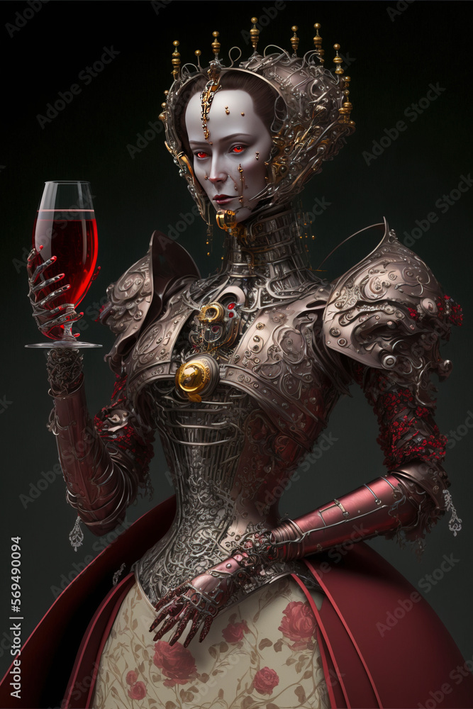 futuristic female warrior in red dress with cup in hand. Grape goddess ...