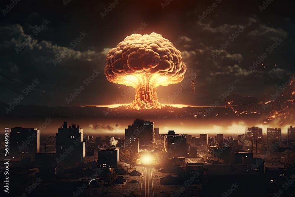 Nuclear explosion in a city. Generative Ai art. Buildings collapsing ...