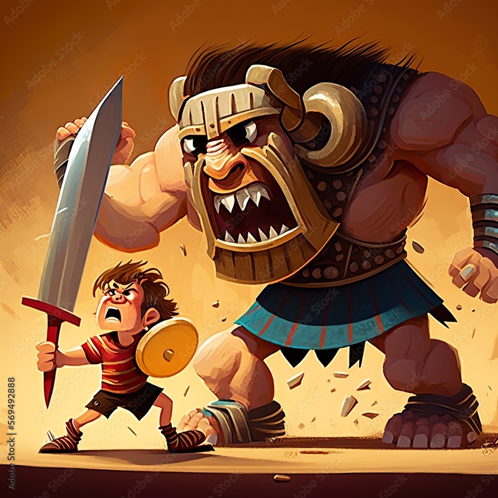 David defeats Goliath, Bible story funny characters cartoon hand drawn ...