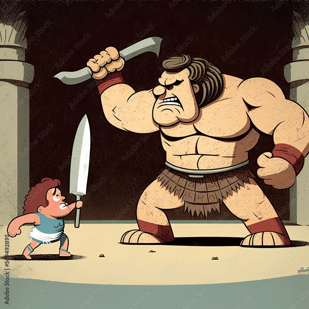 David defeats Goliath, Bible story funny characters cartoon hand drawn ...