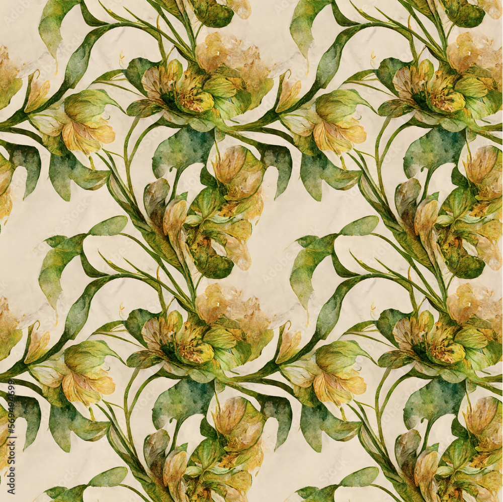 Seamless pattern for wallpaper with gold and green floral design with ...