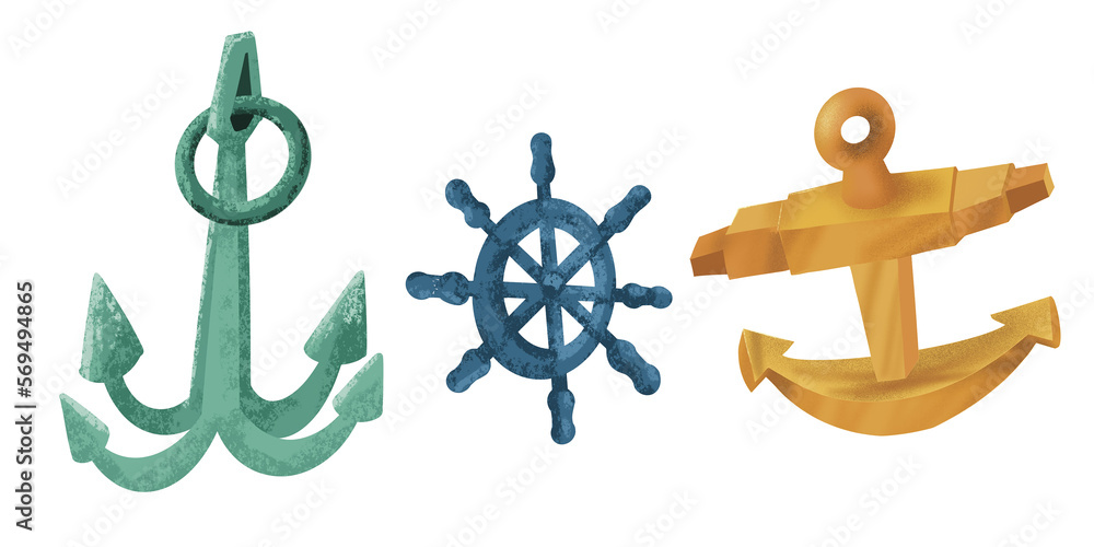 3D wooden and metal anchors, helm with textures for design. Elements of ...