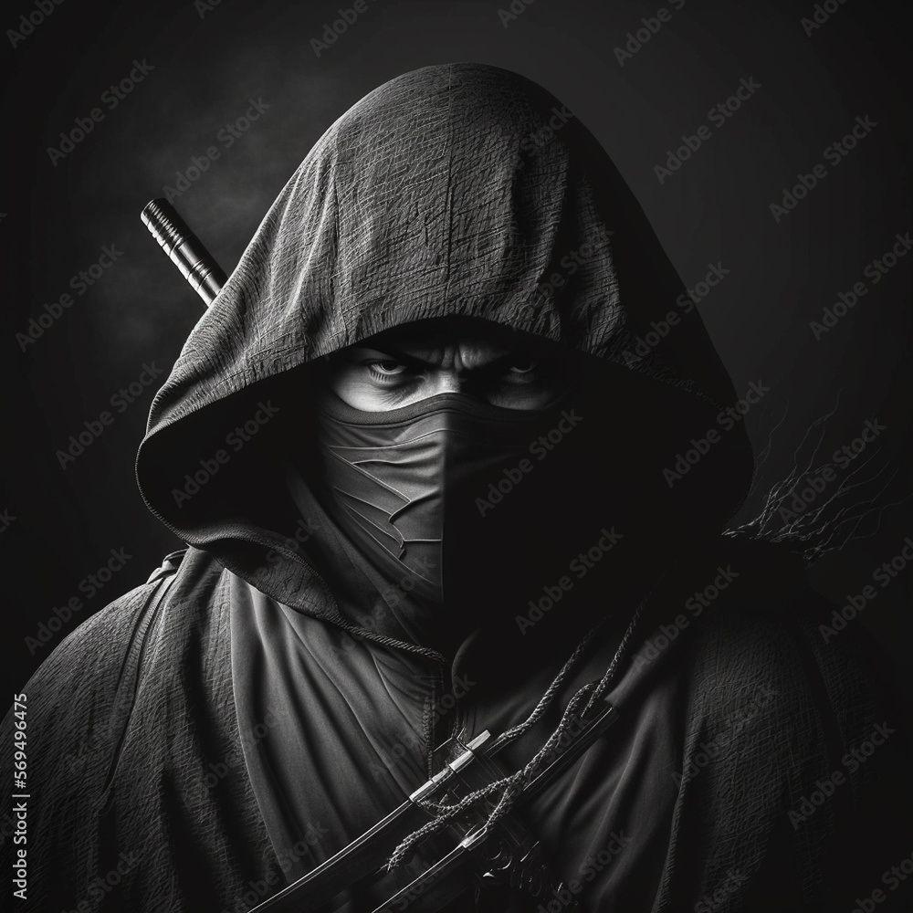 male ninja in a black cloak with a cape and weapons stern look Stock ...