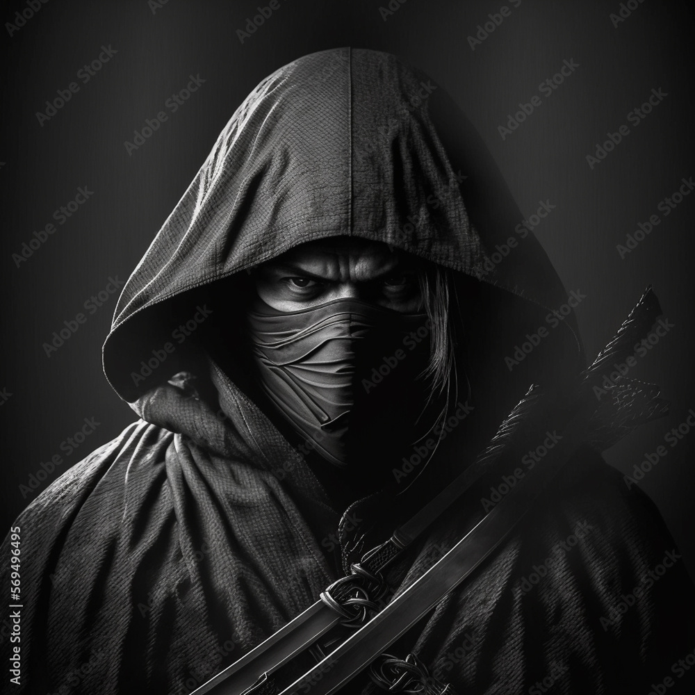 male ninja in a black cloak with a cape and weapons stern look Stock ...
