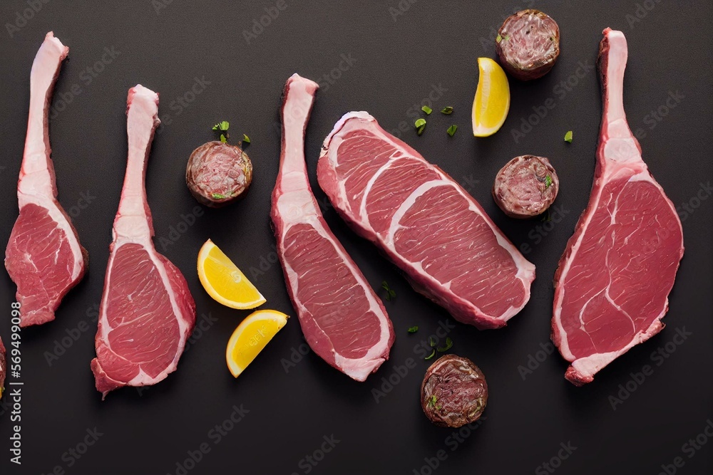 Raw lamb mutton chop steaks, fresh meat cutlets on butcher table. Black ...