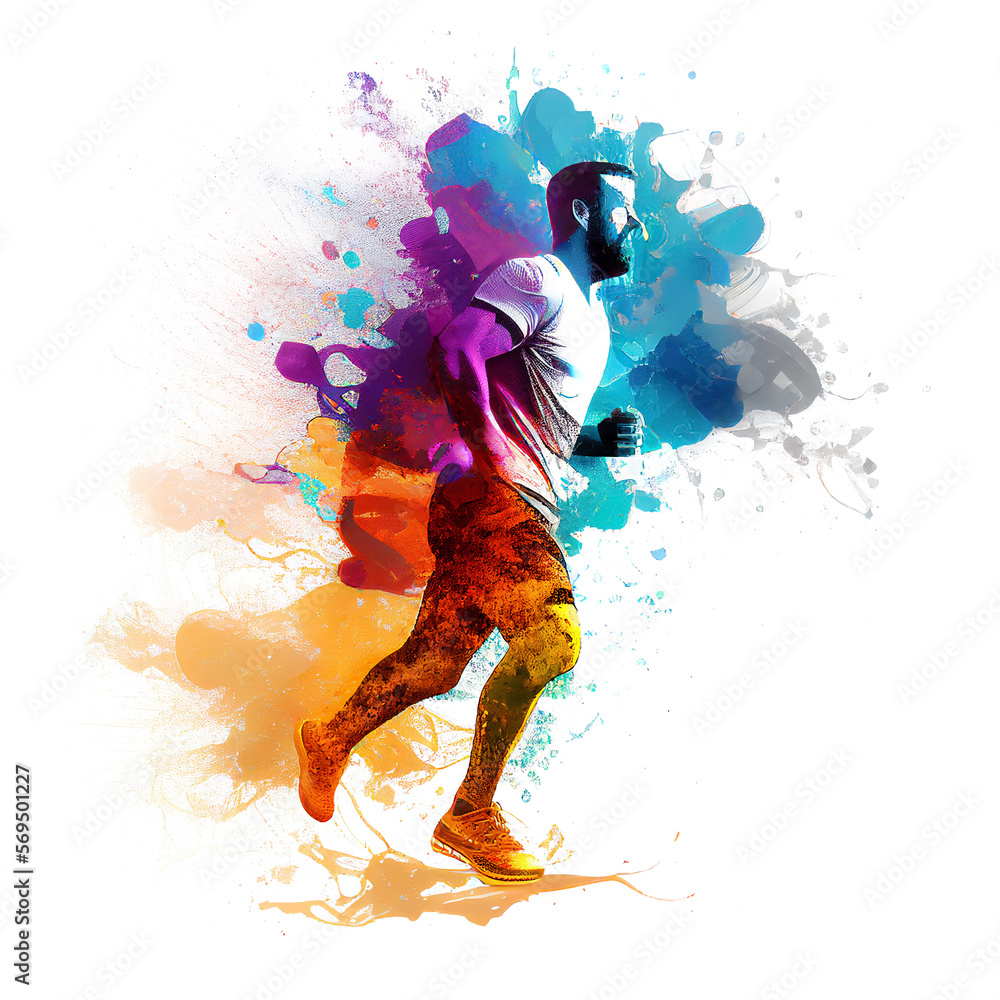Sagoma colorata di un uomo che corre su uno sfondo di schizzi colorati ...