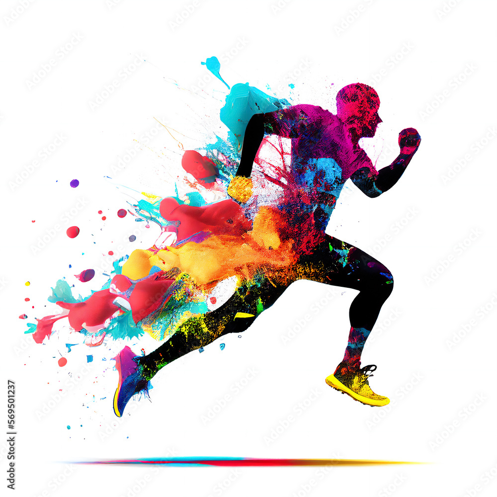 runner che corre tra macchie multicolore su sfondo bianco. Realizzato ...