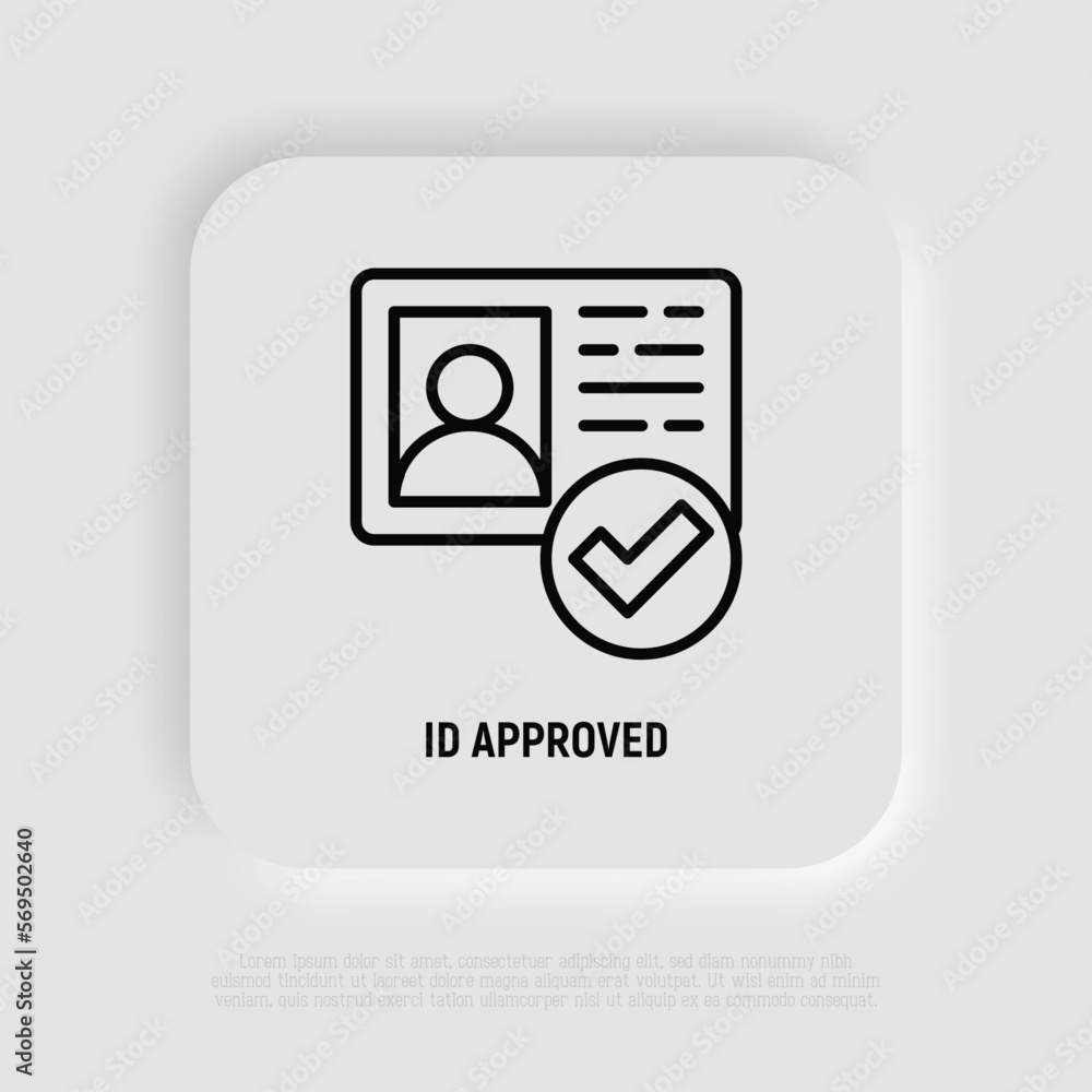 Id approved thin line icon. Id card with check mark. Authentication ...