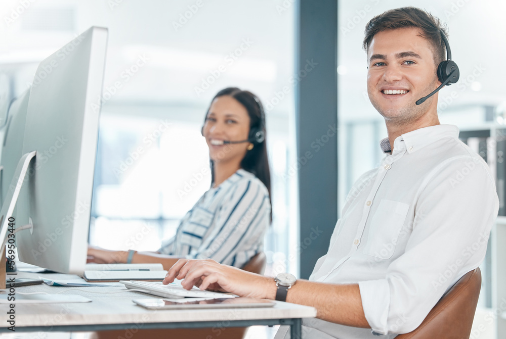 Call center, computer and team portrait for customer service, crm and ...