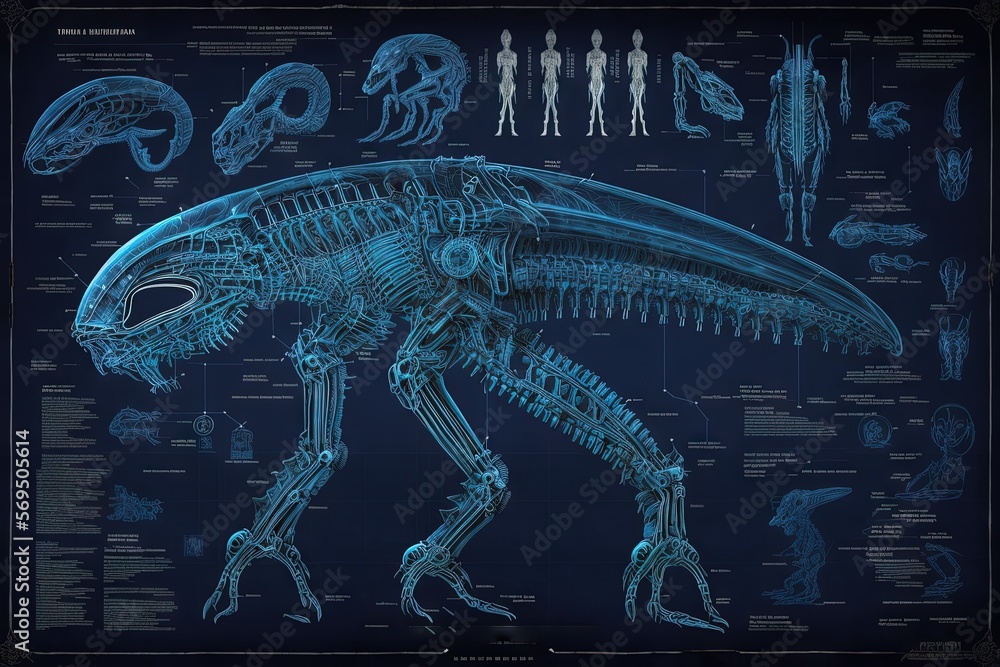 Alien exoskeleton blueprint, sketch illustration generative ai Stock ...