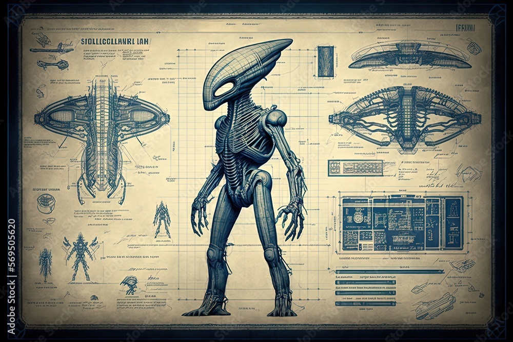 Alien exoskeleton blueprint, sketch illustration generative ai Stock ...