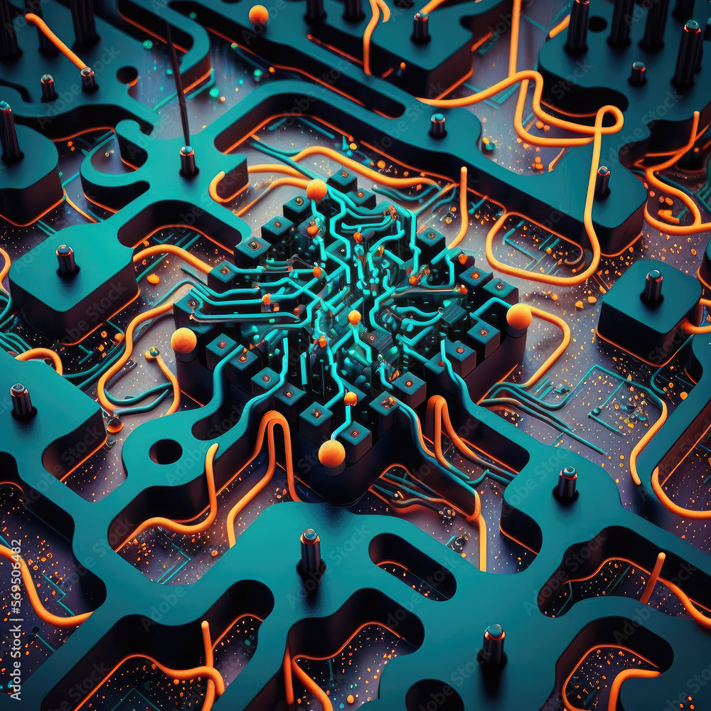 AI generative illustration of a quantum computer processor and neural network. Grid of nodes and ...