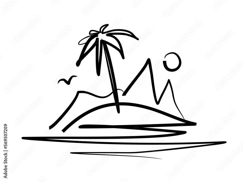 Island logo sketch. Vector illustration drawing felt-tip pen. Seascape ...