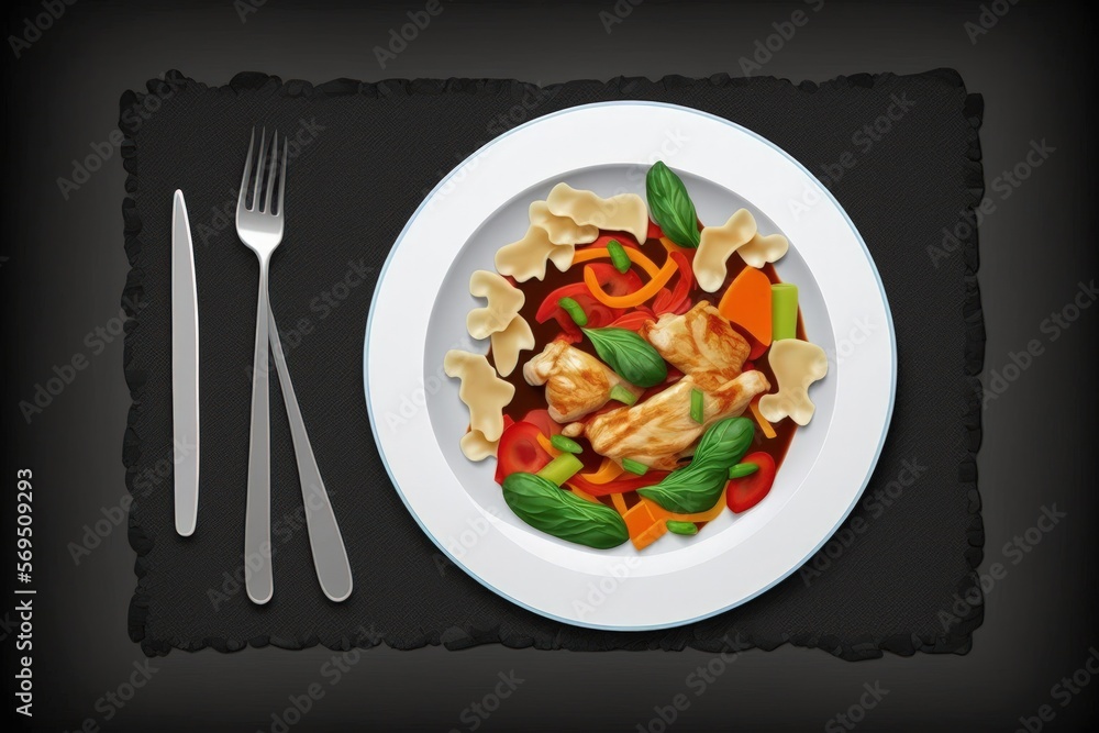 Chicken Chop Suey in white plate at black slate background. Chop Suey ...