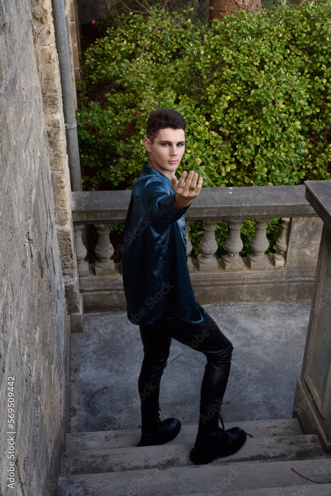 portrait of handsome brunette male model wearing fantasy medieval ...