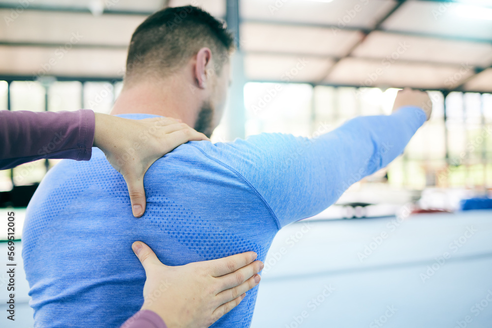 Help, fitness and man with a gymnastics personal trainer for perfect ...