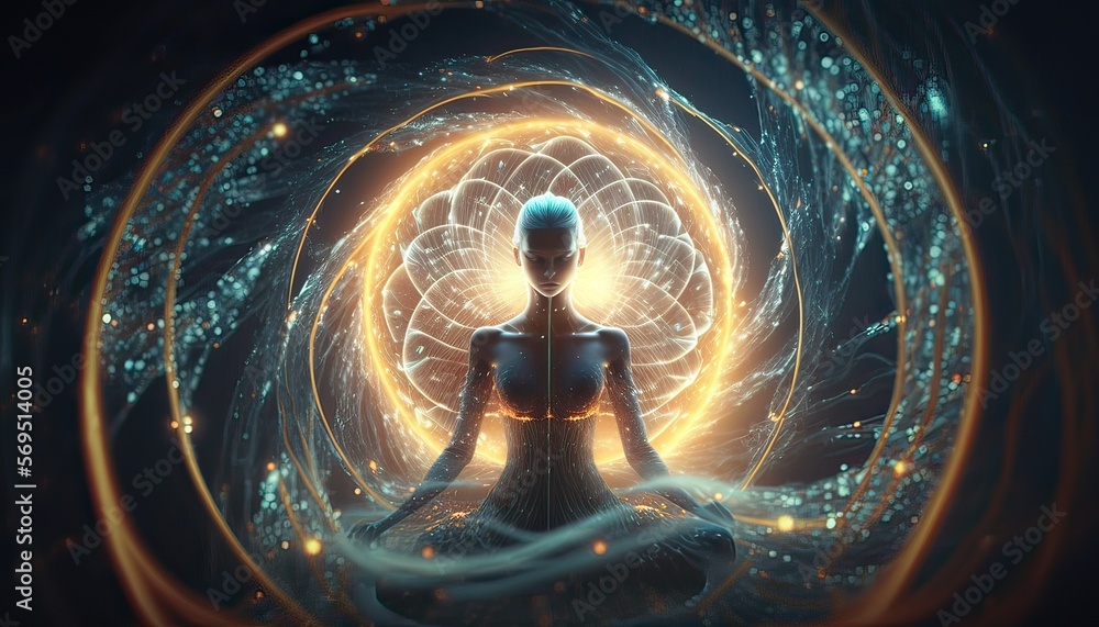 women sitting in meditation lotus pose on outer space background with ...
