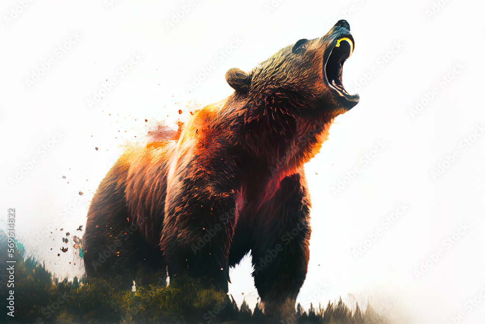Wild screaming grizzly bear double exposure with paint splatters ...