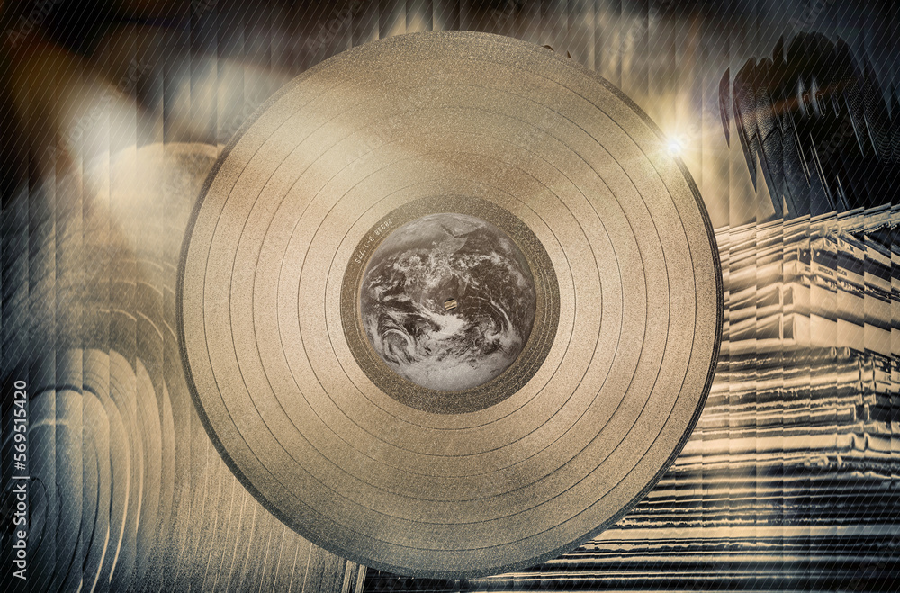 Gold vinyl record on a background with lots of geometric shapes Stock ...