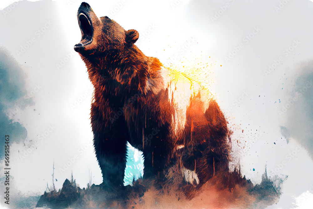 Wild screaming grizzly bear double exposure with paint splatters ...